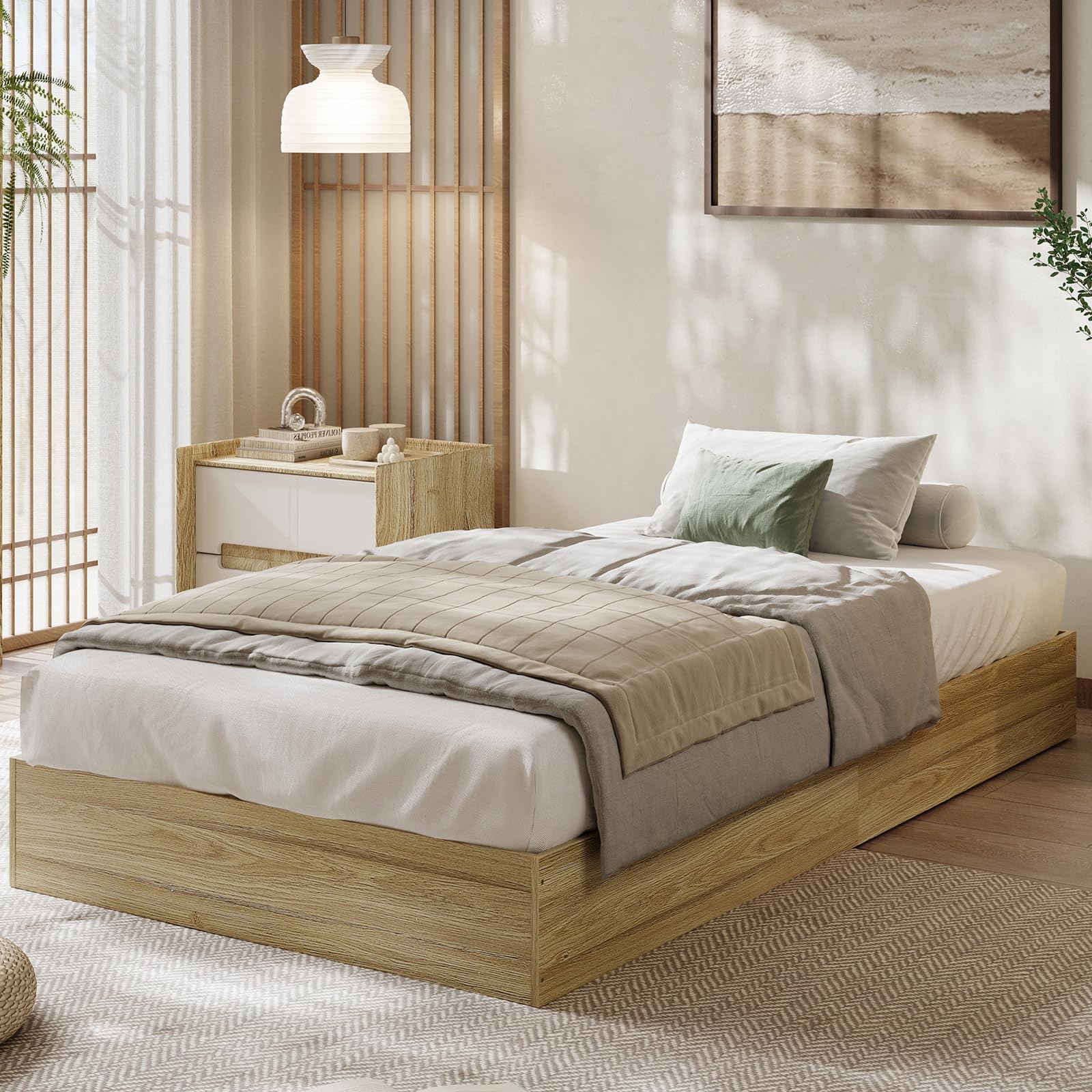Garvee Twin Size Wood Platform Bed Frame Without Headboard, Wood Slat